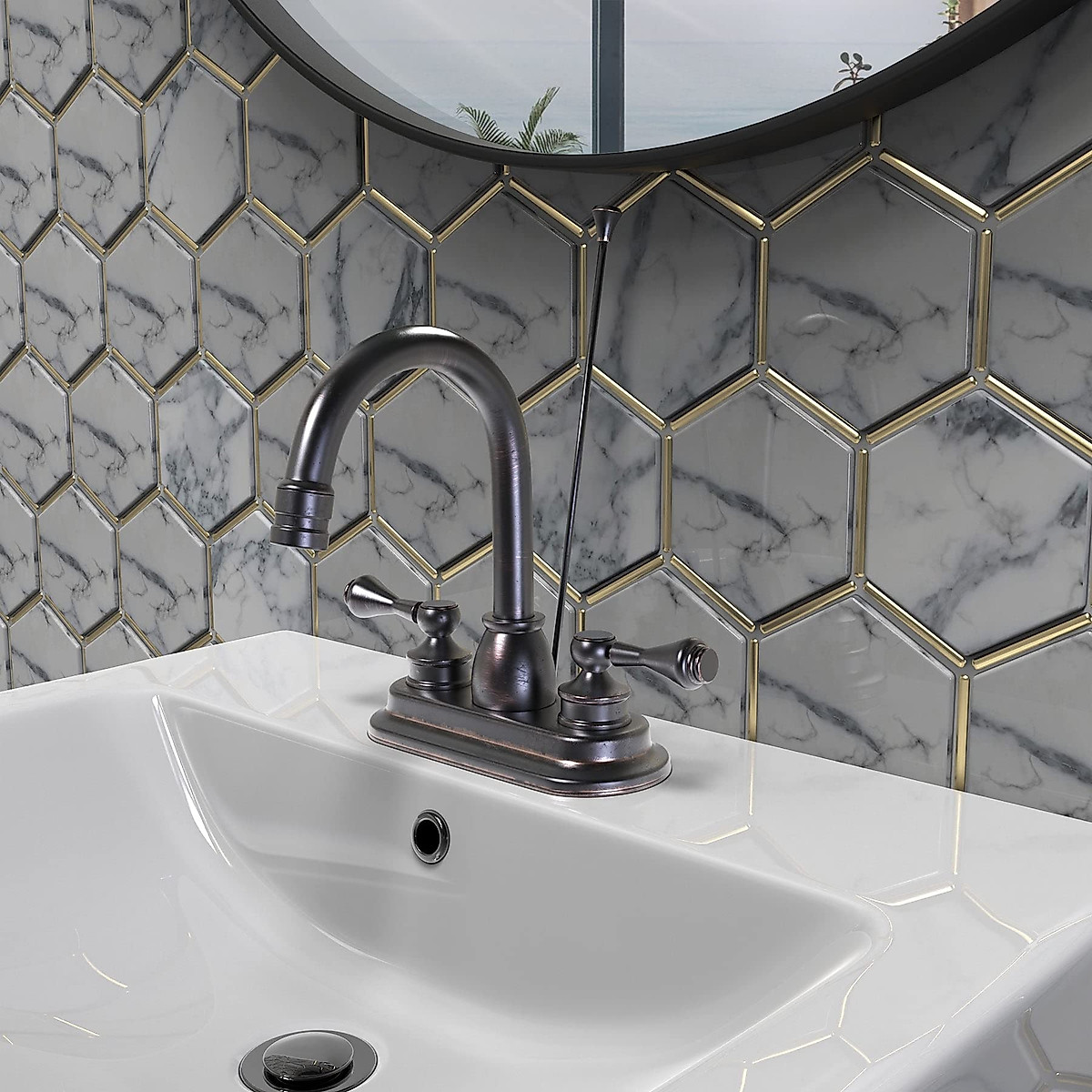 Ivanees Double Handle Bathroom Faucet with Drain, High-Arc Centerest Bathroom Sink Faucet with Lift Rod, Oil Rubbed Bronze Finish, Zinc Handle, Brass Body, 3 Holes Deck Mounted Bath Faucet