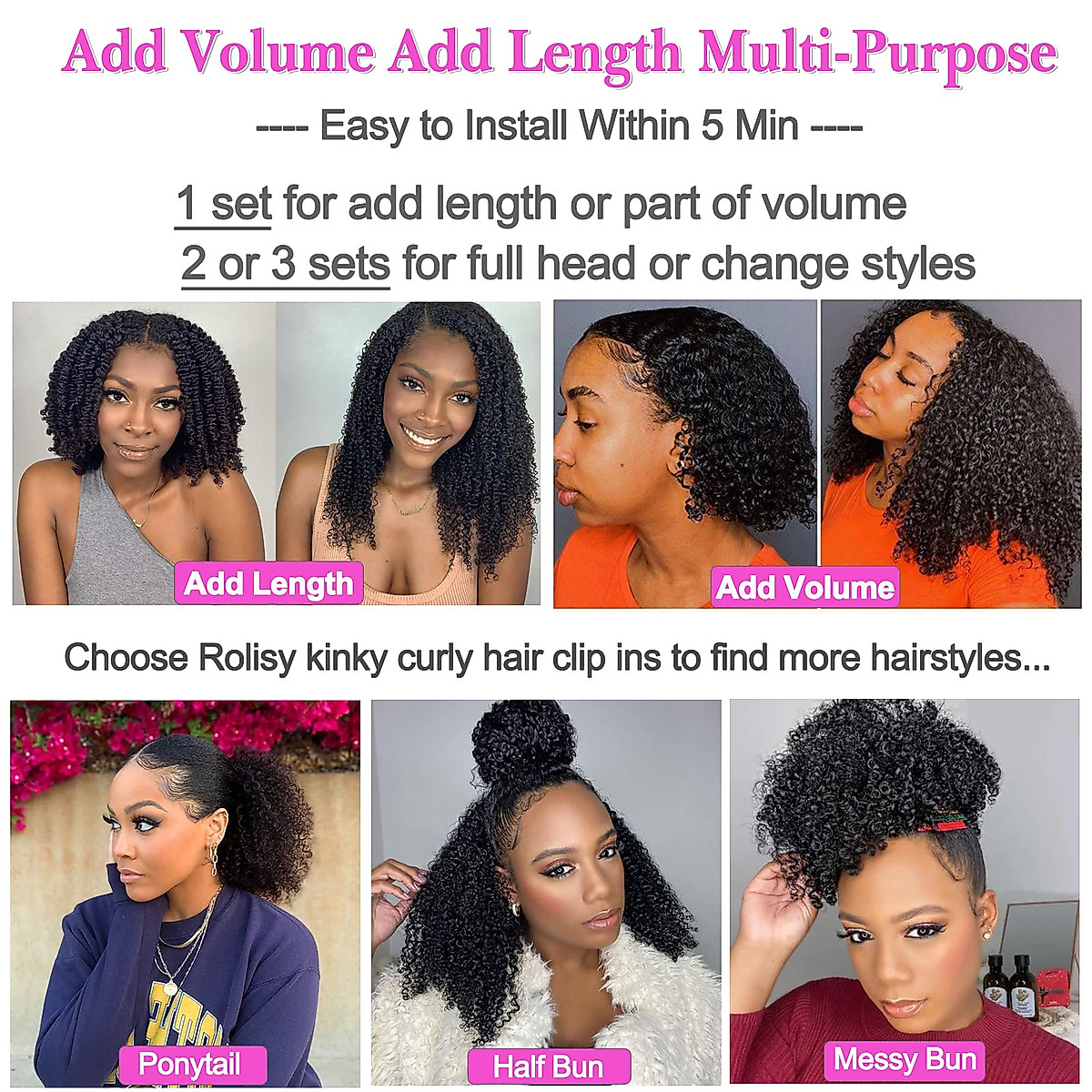 Rolisy Kinky Curly Clip In Hair Extensions Human Hair 16 Inch Curly Hair Extensions Clip In Human Hair for Black Women 3C 4A 4B Afro Kinky Curly Hair Clip Ins Soft Brazilian Remy Hair Thick Ends