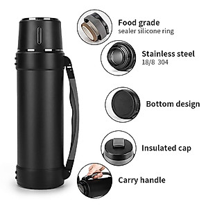 Stainless Steel Thermoses with Cup – 64 oz Double-Wall Vacuum Insulated Water Bottle for Travel – Camping Coffee Thermoses with Handle – Keeps Liquid Hot or Cold,Leak Resistant,Black