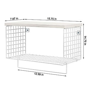 Bathroom Towel Shelf for Wall Bathroom Shelf with Towel Bar 2 Tier Wood Floating Shelves with Towel Rack and 6 Hooks, White