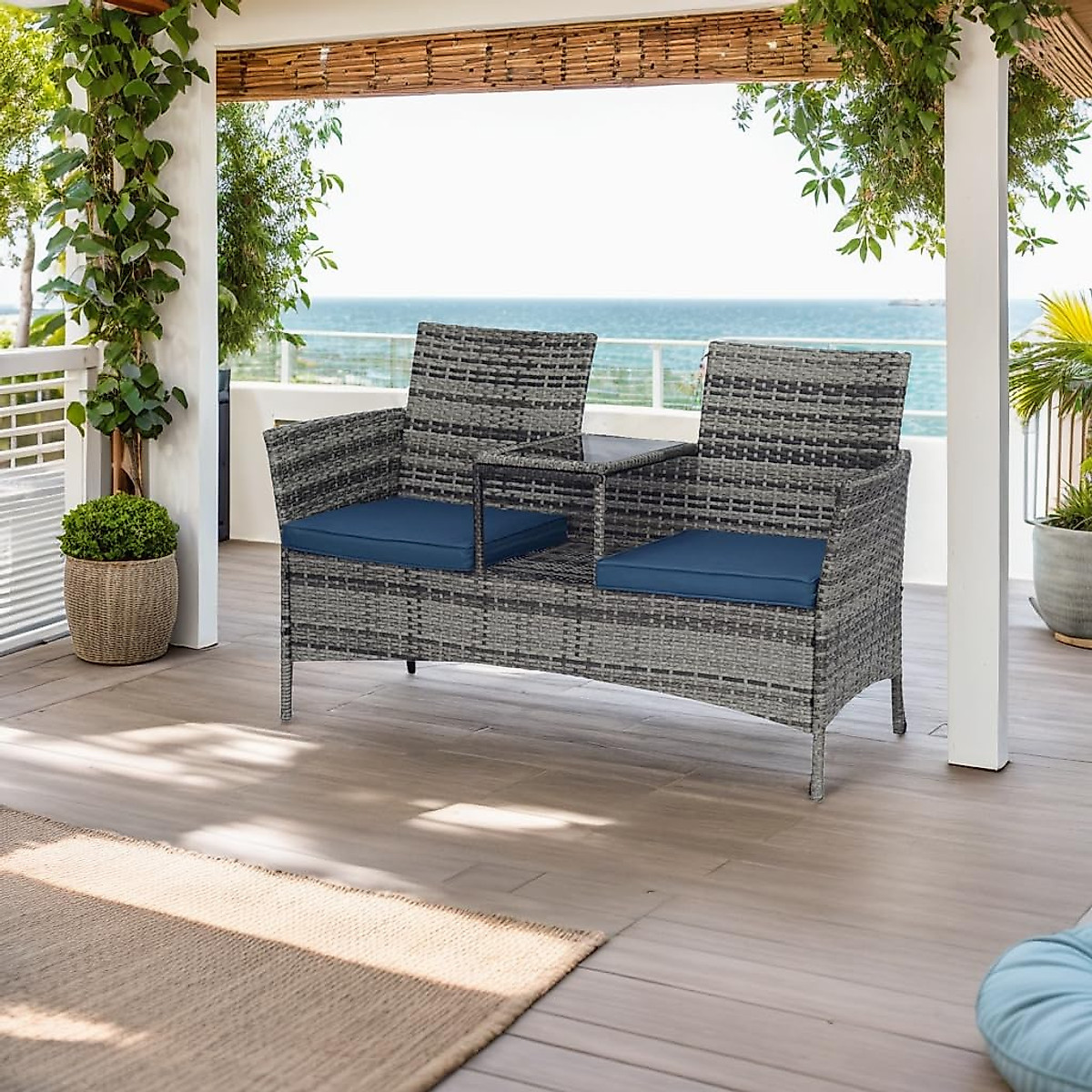 Patio Loveseat Set 2-seat Leisure Furniture with Coffee Table and Soft Cushion, Suitable forLawn Garden,Courtyard, Strong Weather Resistance Outdoor (Grey)