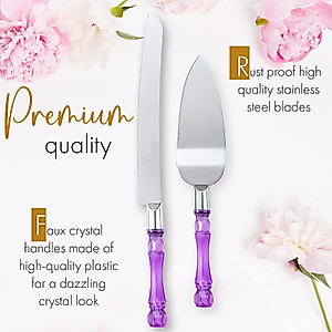 LUSHIG Cake Knife and Server Set | Acrylic Faux Crystal Handles & Premium 420 Stainless Steel Blades | Cake Cutting Set for Wedding Cake, Birthdays, Anniversaries, Parties (Purple Silver)