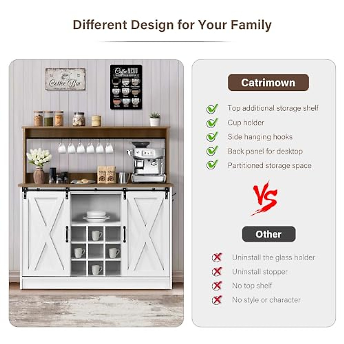 Farmhouse Coffee Bar Cabinet, 47'' Coffee Bar Station with 6 Hooks, Kitchen Coffee Bar with Hutch & 9 Wine Racks, Coffee Bars for Dining Room, White