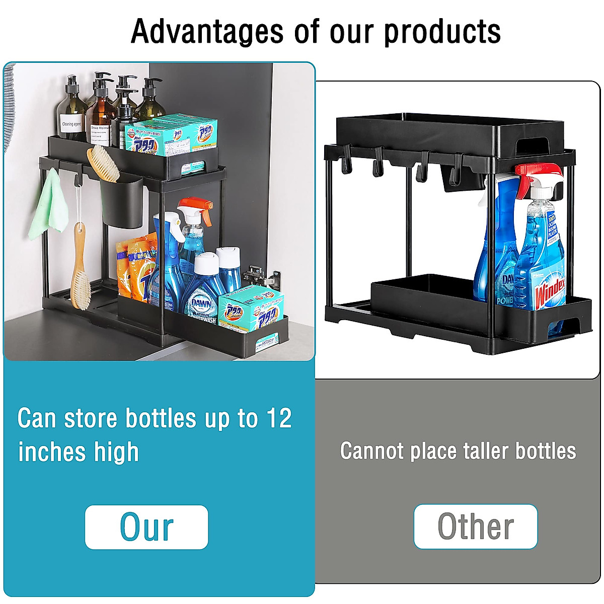 Under Sink Organizer, 2 Tier Pull Out Cabinet Organizer Sliding Sink Organizers and Storage Multi-Purpose Kitchen Bathroom Under Sink Organizers Shelf Black