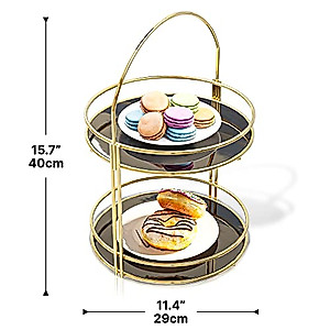 2-Tier Gold Metal Countertop Organizer with Handle - Multipurpose Storage Stand for Bathroom, Vanity Makeup Tray, Kitchen Spice Rack, Cake Stand with Washable Serving Plate