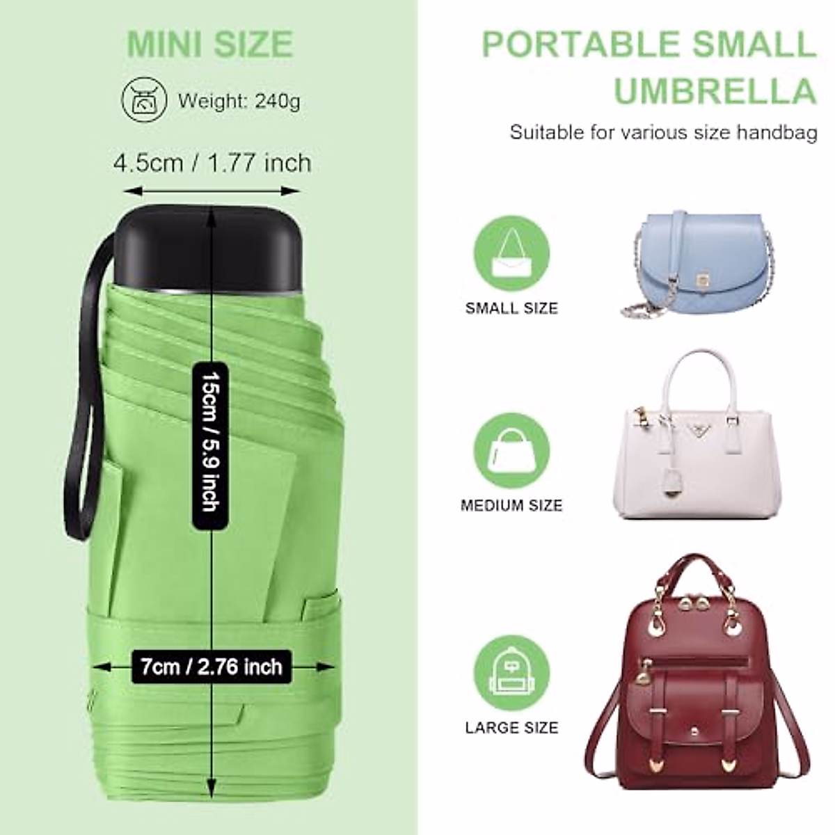LEAGERA Compact Travel Umbrella with Case - Mini Umbrella for Purse, Small Lightweight &Tiny Umbrellas Design Perfect for Parasol Outdoor Sun&Rain,Bright Green