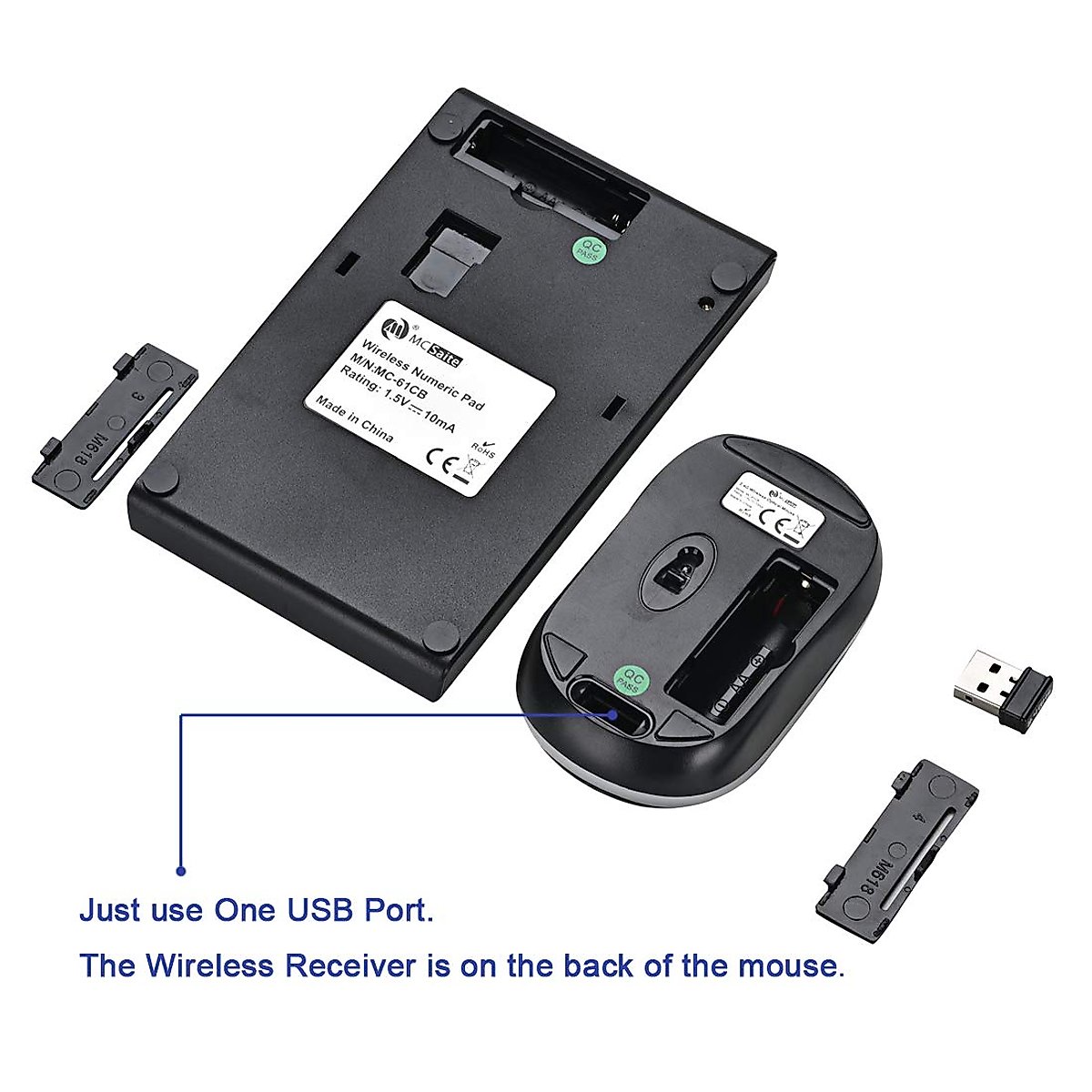 MCSaite Wireless Numeric Keypad & Mouse Combo - Use One Receiver Wireless Number Pad Keyboard and Mouse for Laptop Desktop