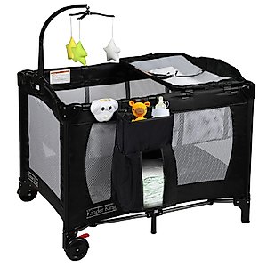 Kinder King 3 in 1 Portable Nursery Center, Foldable Playard for Baby & Toddler, Infant Pack n Play w/Bassinet, Removable Mattress, Newborn Changing Table, Travel Bag, Music Box, Storage Basket, Black