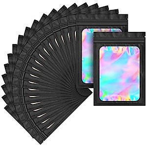 100 pack mylar bags holographic smell proof packaging bag for small bussiness resealable zipper sealable pouch bags sample, jewelry, lipgloss, food,soap,electronic supplies（3×5 inch,black）