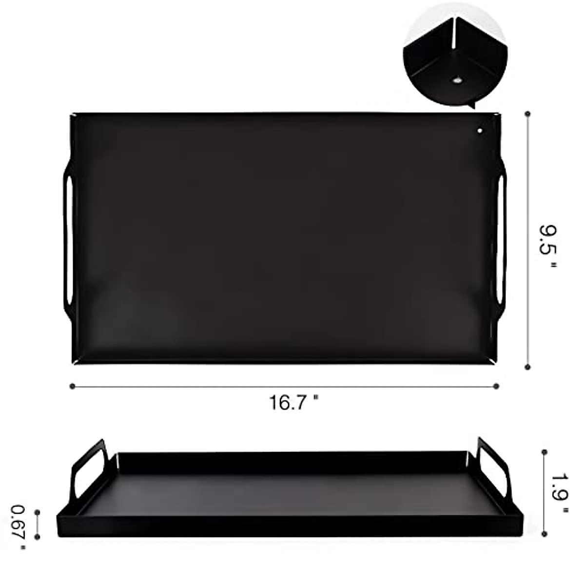 HORIAMIT Coffee Table Tray, Serving Tray Snack Tray Rectangle Black Metal Tray with Handles 16.7x9.5 inches, Vanity Tray Bathroom Organizer Kitchen Tray for Counter