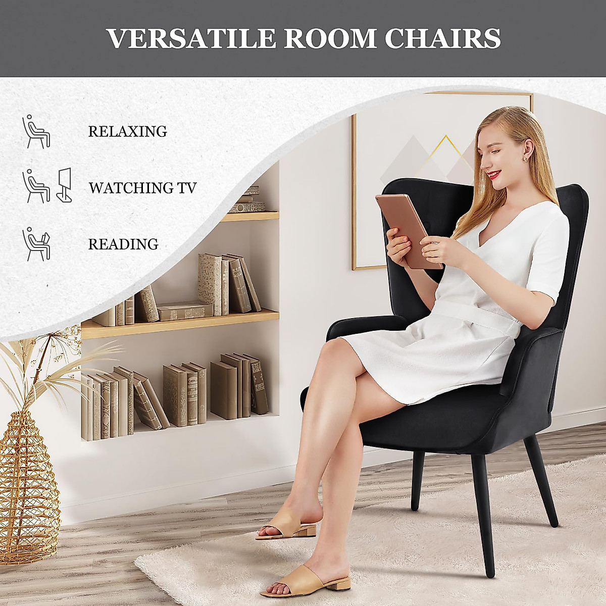 Furnimart Black Velvet Accent Chair Mid Century Modern Living Room Chairs; Comfy Armchair Leisure Vanity Guest Wingback Chair for Office Study Vanity Bedroom Waiting Room