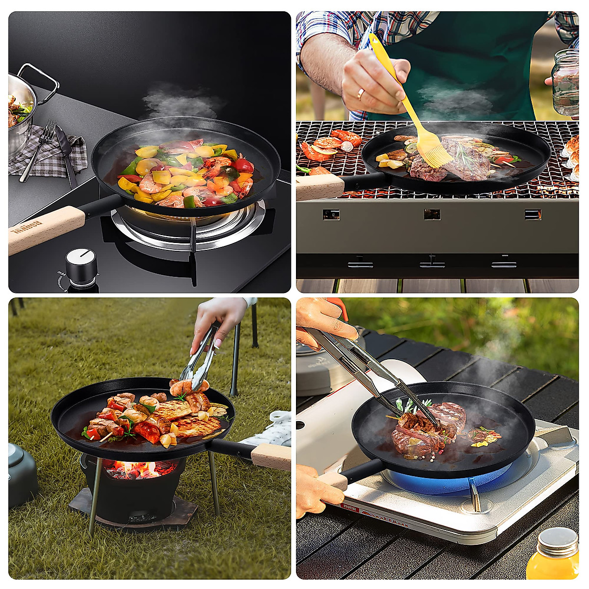 bodkar Frying Pan Skillet 8-inch Flat Griddle Pan, Lightweight Grill Pan with Wooden Handle for Camping Indoor Outdoor Cooking