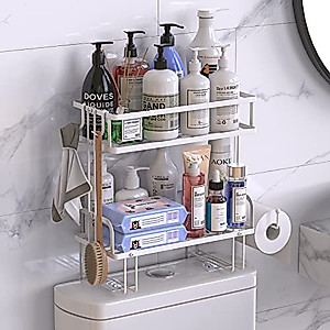 FREDI Over The Toilet Storage, 2-Tier Bathroom Organizer Shelf Organizer Shelve No Drill Space Saver with Hanging Hook Toilet Paper Holder for Kitchen, Bathroom, White