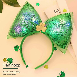 JONKY St Patricks Day Headband Light Up Green Bow Hair Band LED Irish Headbands Shamrock Costume St Pattys Day Accessories for Women and Girls