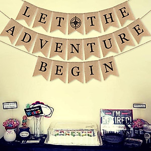 SWYOUN Burlap Let the Adventure Begin Banner Adventure Awaits Travel Themed Party Supplies Baby Shower Graduation Retirement Party Mantle Fireplace Decoration