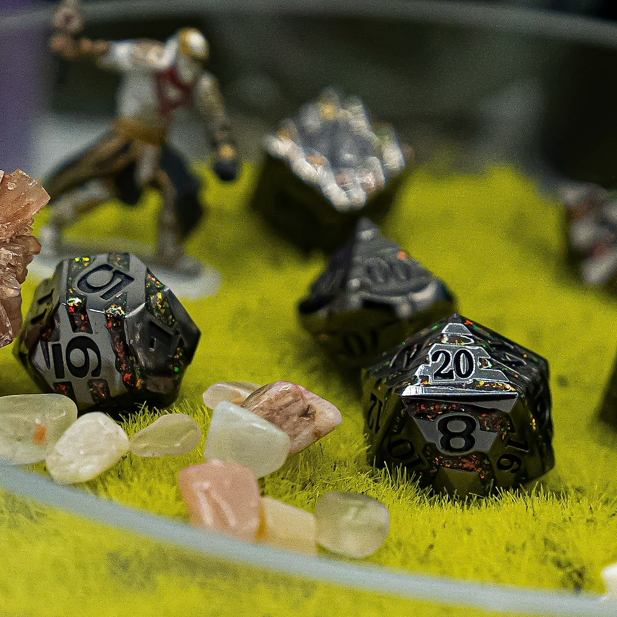 TINY GREMLIN Metal Dice of Dwarven Mining - Dungeons and Dragons Dice - Orange Glitter with Antique Nickel Metal Swirl with Black Font