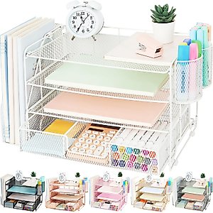 ORDROLL Desk Paper Organizers and Accessories - 4-Tier Paper Letter Tray Organizer with File Holder,Drawer and 2 Pen Holders,Desk Accessories & Workspace Organizers for Office,School,Home(White)