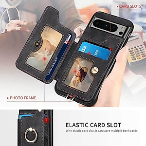 JanCalm Pixel 8 Pro Case, Flip Leather Wallet, RFID-Blocking, Ring Stand, Multiple Card Slots (Black, 6.7 Inches)