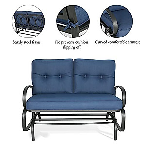 PATIO TREE Outdoor Patio Glider Bench Loveseat Outdoor Cushioned 2 Person Rocking Seating Patio Swing Chair, Navy