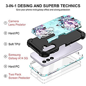 Casetego for Galaxy A14 5G Case,[2 Pack Tempered Screen Protector+2 Pack Camera Lens Protector],Floral Three Layer Heavy Duty Sturdy Shockproof Full Body Protective Case for Samsung A14,Blue Flower