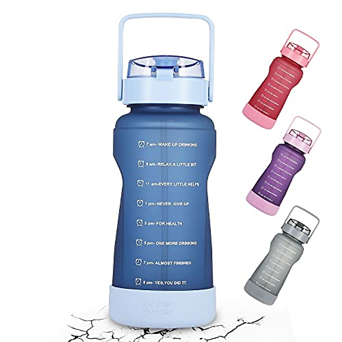 BOTTLE BOTTLE 64 OZ Gallon Motivational Water Bottle with Time Marker and Straw Protective Silicone Boot Workout Leak-proof Bottle for Adults and Kids Half Gallon Water Jug (blue)