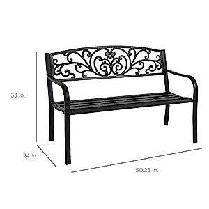 Best Choice Products Outdoor Bench Steel Garden Patio Porch Furniture for Lawn, Park, Deck w/Floral Design Backrest, Slatted Seat - Black