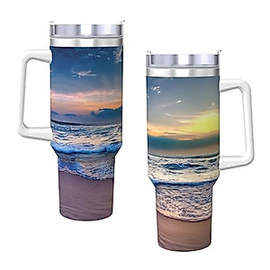 HULIBIN Serene Seaside Sunset Print Double Deck Stainless Steel Travel Coffee Cup With Lid 40 Oz Ice Bully Cup
