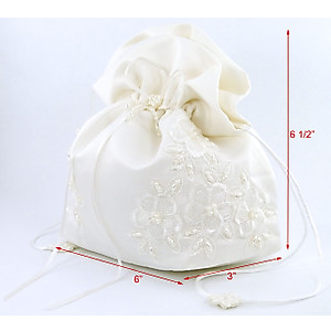 Satin Bridal Wedding Small Money Bag with Pearl-Embellished Floral Lace for Dollar Dance, Bridal Purse, and Other Special Occasions #E1DEDBiv (IVORY)