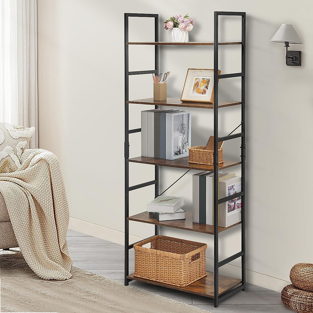 Magshion 6-Tier Bookshelf, Tall Bookcase Industrial Display Standing Shelf Units, Metal Storage Shelf for Bedroom Kitchen