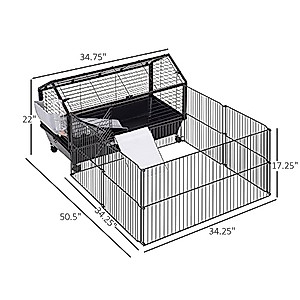 PawHut 2-Level Rolling Small Animal Playpen & Cage, Foldable Small Rabbit Fence, Guinea Pig House, Hedgehog Cage, Water Bottle, Water Bowl, Pet Exercise Pen, 35" L