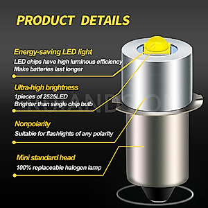 Ruiandsion Upgrade LED Flashlight Bulb P13.5S 6-24V LED Bulb 6V 9V 12V 18V 19.2V Replacement for Ryobi Milwaukee DEWALT Lamp Torch Lantern Work Light Maglit Bulbs, Non-Polarity (Pack of 2)