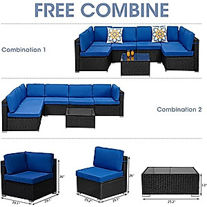 SUNVIVI OUTDOOR 7 Piece Patio Furniture Set, All-Weather Black Wicker Couch Sofa with Glass Coffee Table, Washable Navy Blue Cushions
