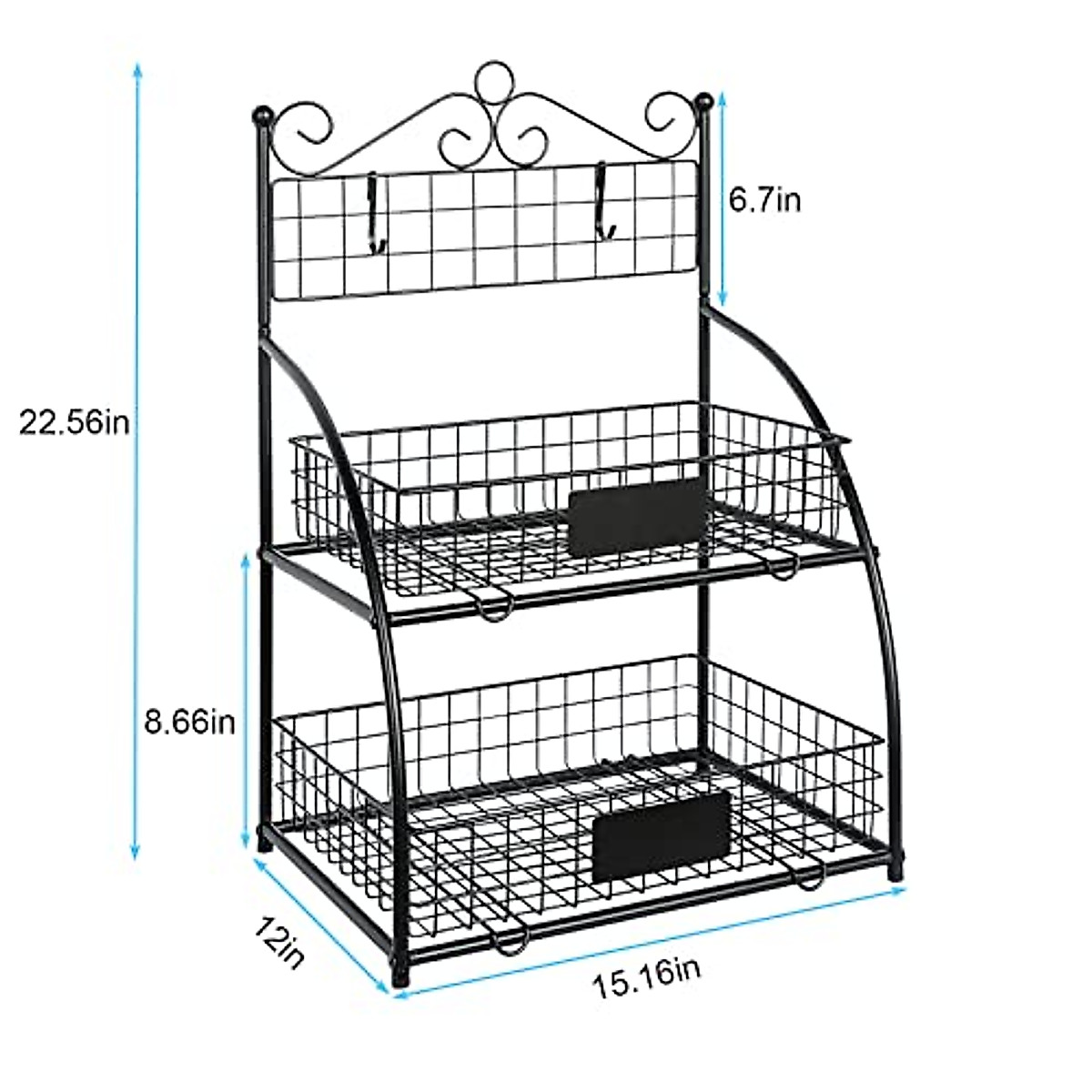 2-Tier Fruit Basket for Kitchen, Bananas Hanger Hook Holder &Countertop Tiered Fruit and Vegetable Storage Bowl Stand, Detachable, Easy to Assemble, Large Capacity for Home Kitchen Organizer-Black
