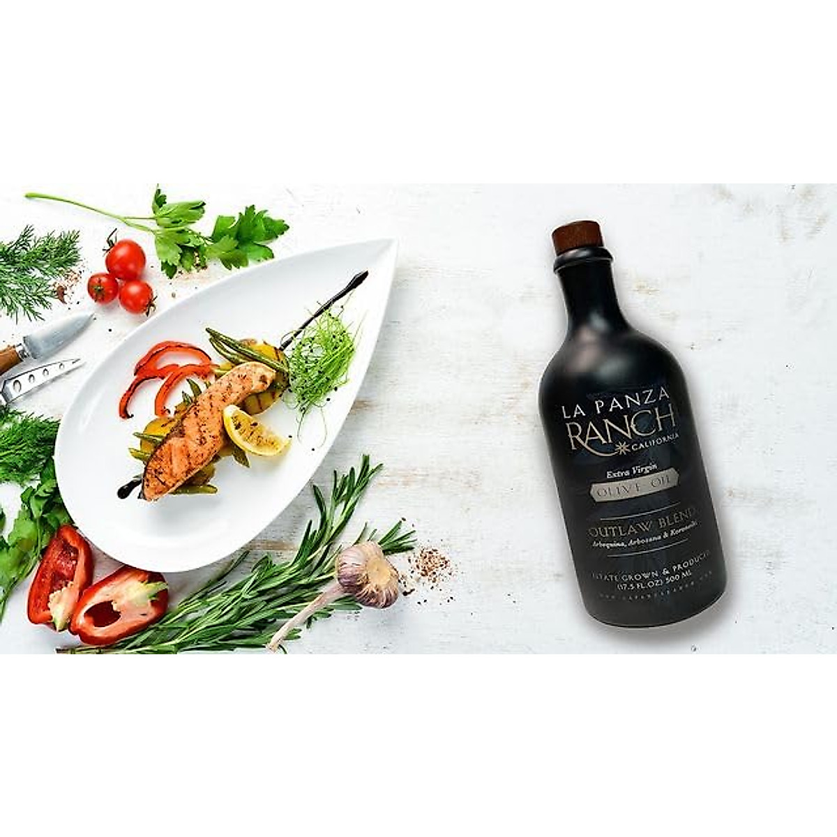 LA PANZA California Extra Virgin Olive Oil, Premium Cold Pressed EVOO, Award Winning, Outlaw Blend (Fiery & Peppery, 17.5 fl oz, 500ml Ceramic Stone Bottle)