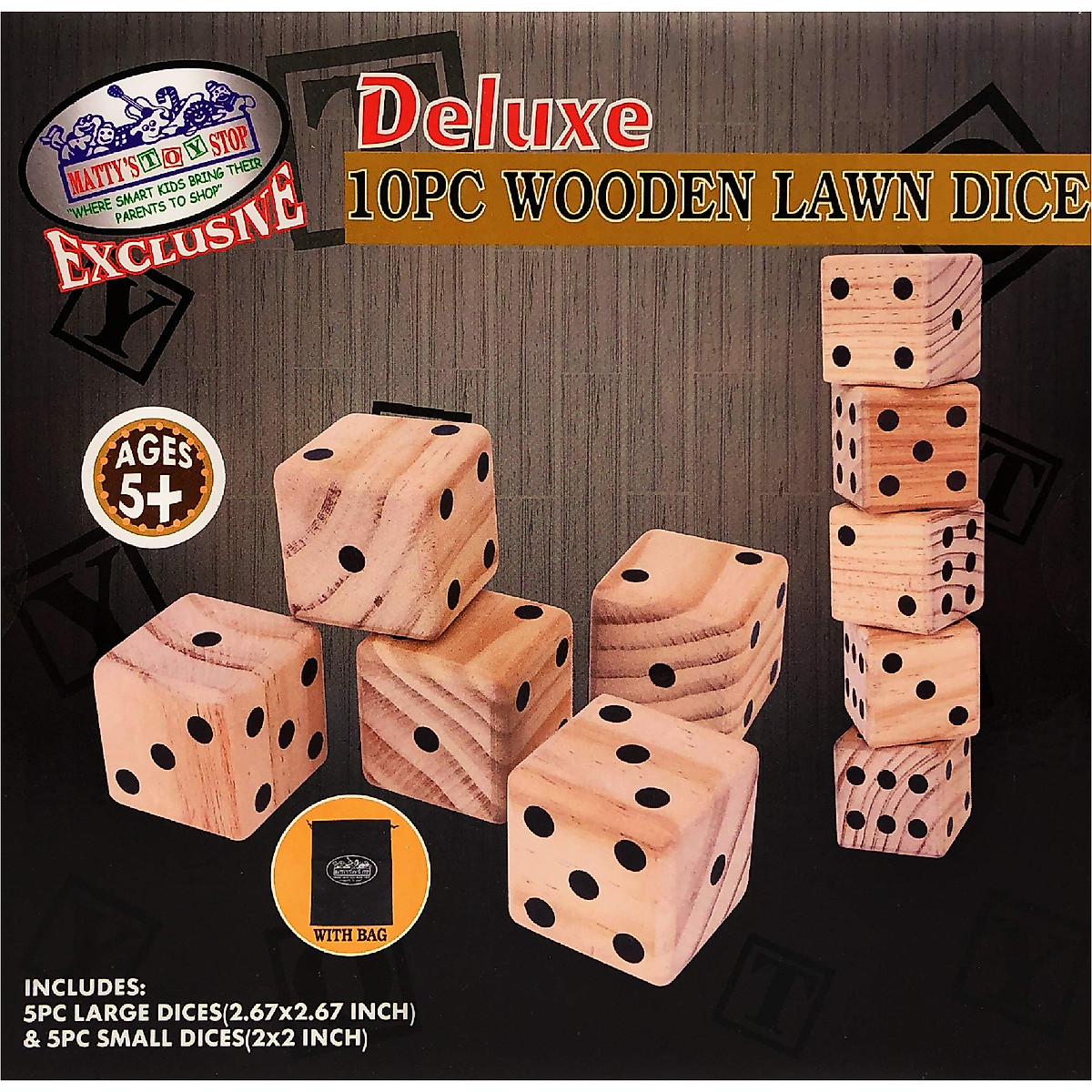 Matty's Toy Stop Deluxe 10pcs Wooden Lawn Dice Set - Features 5 (2.75") and 5 (2") Large Wooden Dice with Storage Bag