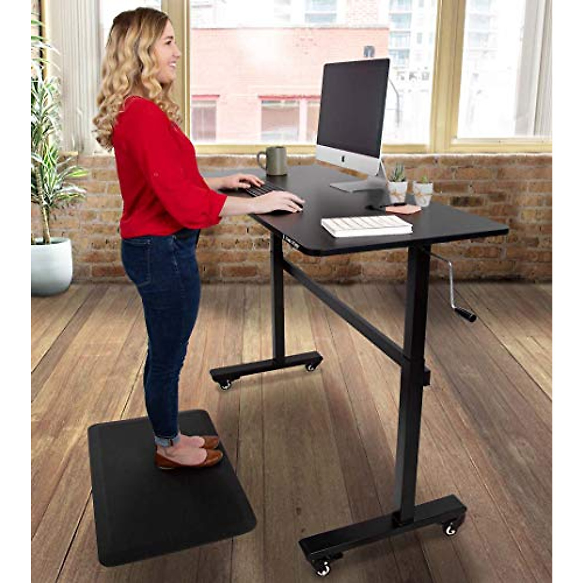 Stand Steady Tranzendesk | 55 Inch Standing Desk with Attachable Wheels| Easy Crank Height Adjustable Sit to Stand Workstation | Modern Ergonomic Desk Supports 3 Monitors (55 / Black)