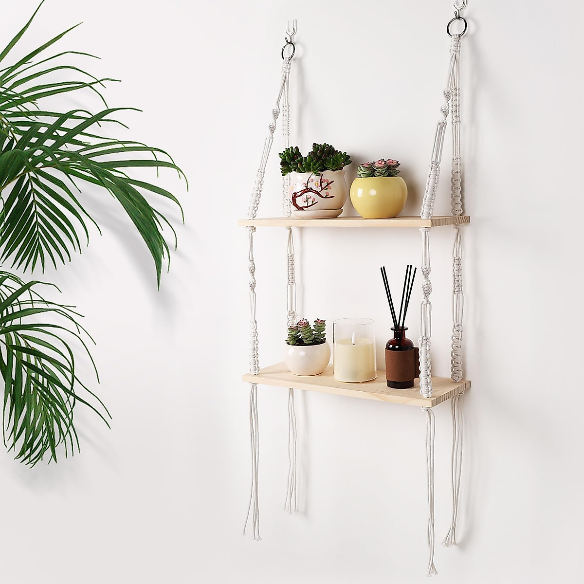 SNUGBLAKI Hanging Shelves for Wall Floating Shelves,Boho Macrame Hanging Shelves with Swing Rope,Farmhouse Rustic Wood Hanging Shelves,Rope Wall Display Shelves for Bedroom,Living Room, Bathroom