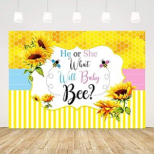 ABLIN 7x5ft Bee Baby Shower Backdrop He or She What Will Baby Bee Gold Sunflower Honey Photography Background Boy or Girl Gender Reveal Party Decorations Photo Shoot Props