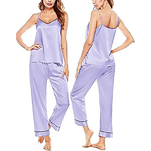 SWOMOG Womens Silk Satin Pajamas Set Two-Piece Pj Sets Cami Top and Capris Pants Sleepwear Lavender