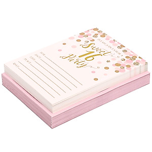 Sparkle and Bash 36-Pack Sweet 16 Birthday Party Invitations With Envelopes for RSVP Party (Pink & Gold, 7 x 5 In)