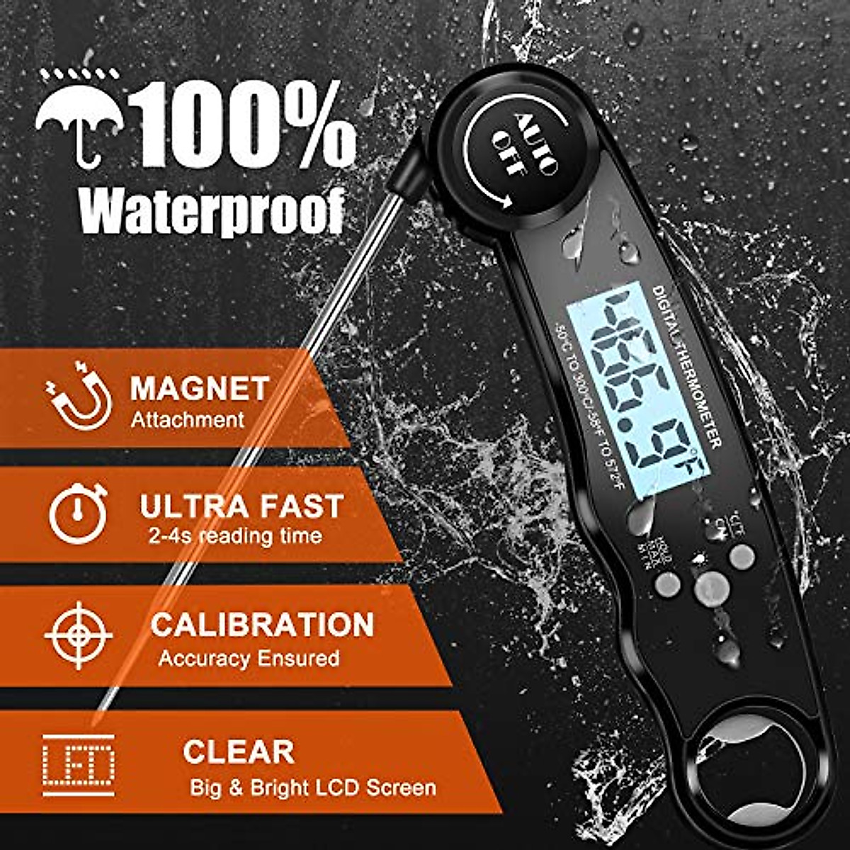 Meat Thermometer, Instant Read Food Thermometer with Backlight & Calibration Function, IP67 Waterproof Fast Digital Cooking Thermometer for Candy Beef BBQ Grilling Baking (Dark Black)