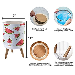 CAKOJV188 7L/1.8 Gallon Garbage Can with Press Top Lid Seamless Watermelons Flat Design Trash Bin with Wooden Legs Dog Proof Round Trash Can for Kitchen Outdoor Bathroom