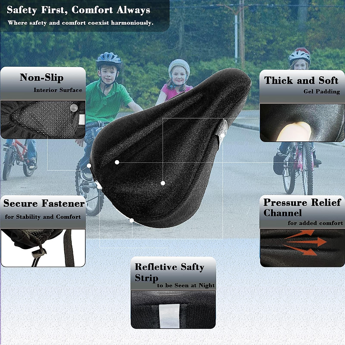 TCheung 9'' X 6'' Extra Soft Gel Bicycle Seat Cushion- Kids Bike Seat Cushion- with Water&Dust Resistant Cover- Comfortable Small Bike Seat Cover (Black)