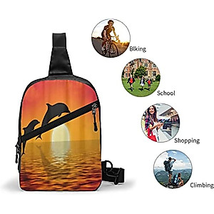 Chest Bag Dolphins Swimming in Sunset,Sling Bags Multipurpose Crossbody Shoulder Backpack Waterproof Travel Hiking
