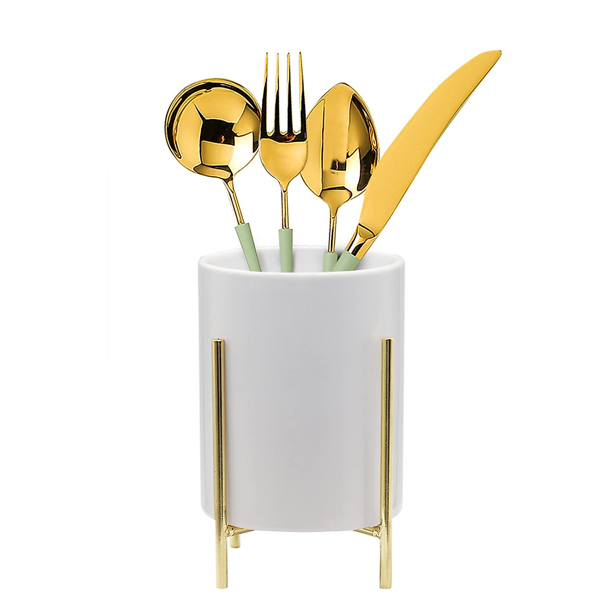 Cutlery Holder, Ceramic Silverware Holder with Metal Frame Kitchen Cooking Utensil Holder, Robust Silverware Caddy 4.7*3.15 inch Gold 1 PCS