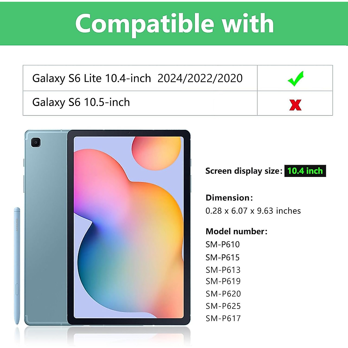 Keyboard Case for Samsung Galaxy Tab S6 Lite 10.4 Inch 2022/2020, Galaxy Tab S6 Lite SM-P610/P613/P615/P619 Tablet Cover Case with Detachable Wireless Keyboard S Pen Holder, Green