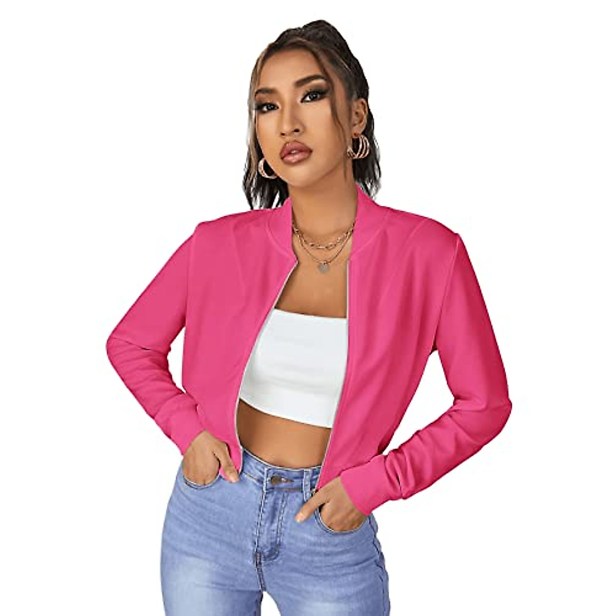SweatyRocks Women's Casual Long Sleeve Solid Zip Up Coat Crop Bomber Jacket Solid Hot Pink M