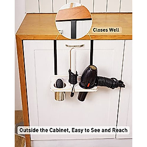 Hair Tool Organizer Under Sink with Cup, Honizer Wooden Hair Dryer Holder Cabinet Door, Bathroom Organizer Under Sink for Curling Iron, Brush, Flat Iron- White