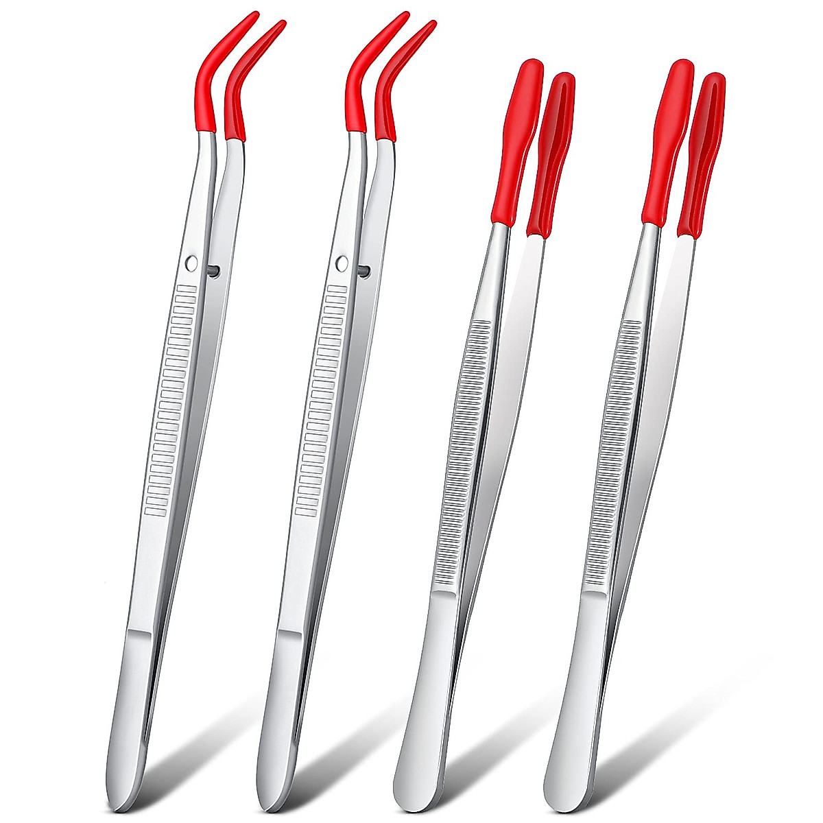 2 Pieces Tweezers Bent Tip Tweezers with Rubber Tips PVC Coated and 2 Pieces Tweezers Rubber Coated PVC Soft Non Marring Flat Tips Lab Hobby Jewelry Craft Stainless Steel Tweezer Tool (Red)