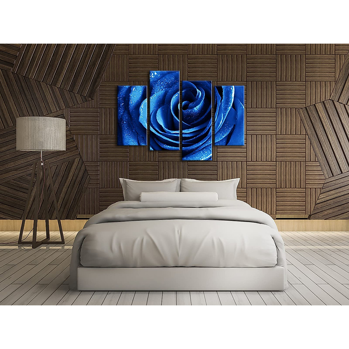 Wieco Art Blue Rose with Dew Canvas Wall Art Abstract Romantic Flower Pictures Paintings Wall Art for Living Room Bedroom Decorations Wall Decor Large 4 Panels Modern Canvas Prints Artwork